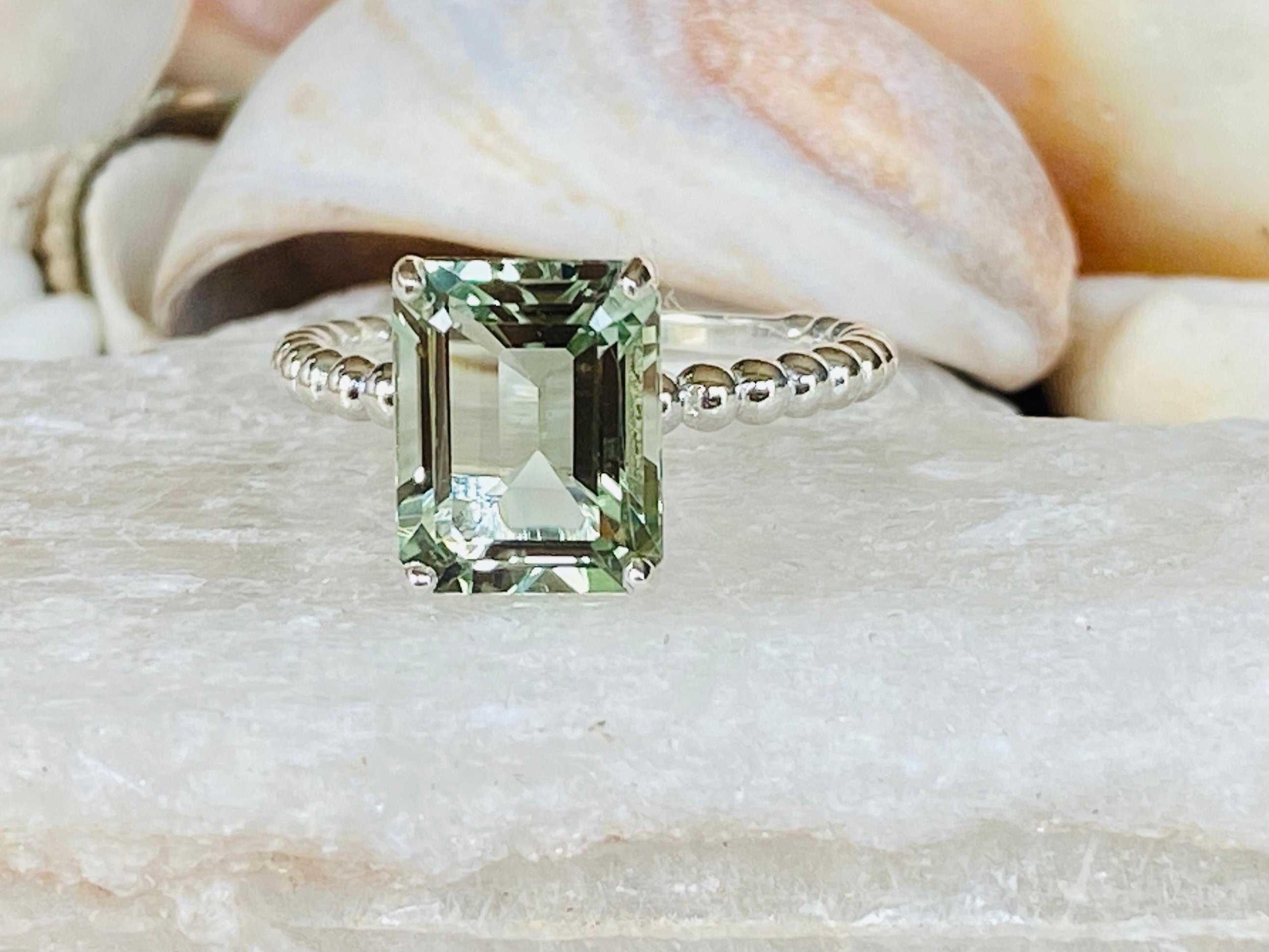 14k Emerald Cut Green Amethyst Prasiolite Ring Scott Bonomo Diamond Setting
