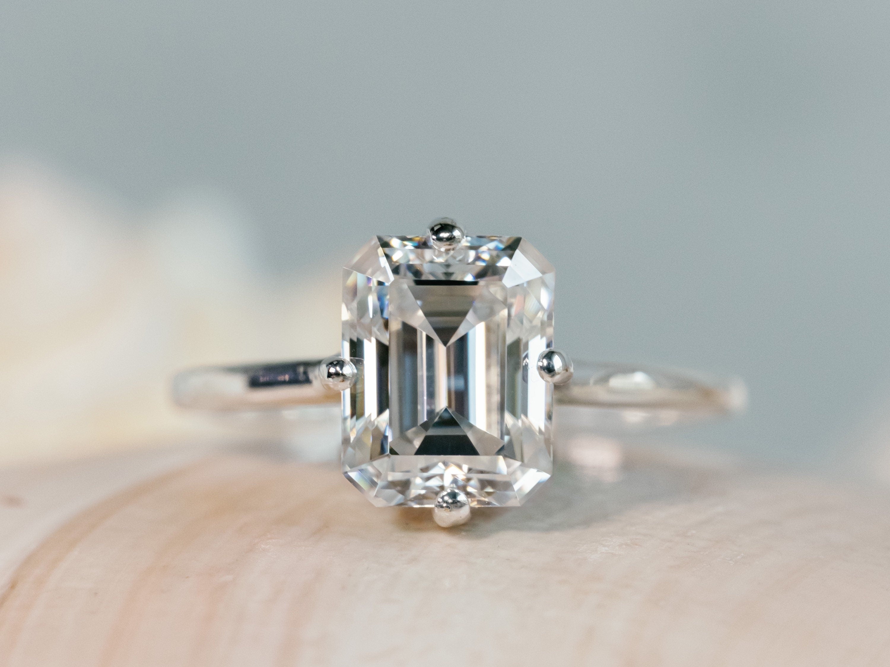 Moissanite Emerald Cut Solitaire Compass Setting Engagement Ring 3.00c ...